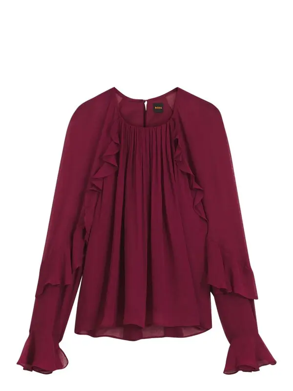 BOSS Lightweight Creponne Blouse With Ruffle Details And Bell Sleeves - Light Red