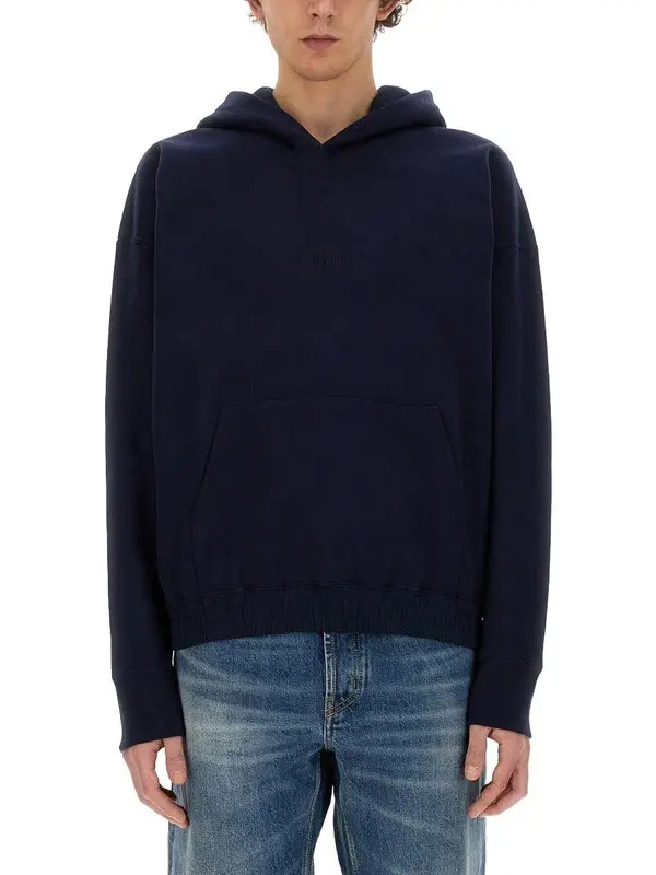 Saint Laurent Logo Embroidered Cotton Hoodie - Blue