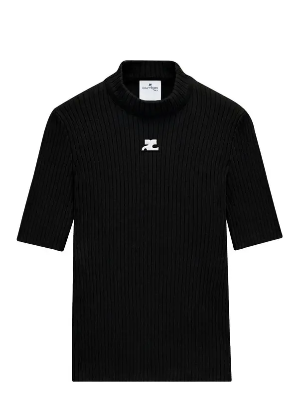 COURREGES Ribbed Short Sleeve High Neck Sweater With Logo Detail - Black