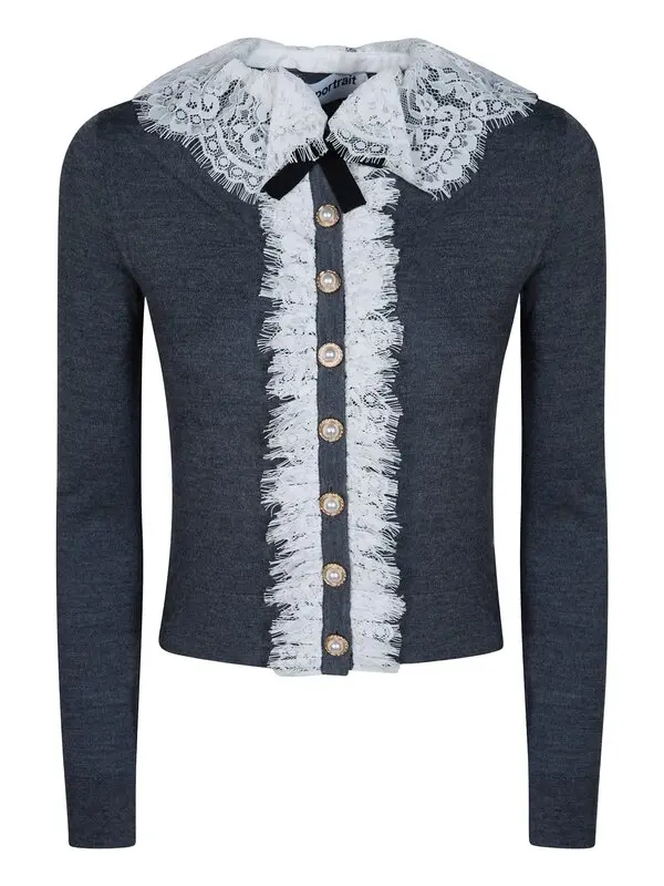 SELF-PORTRAIT Knit Cardigan With Statement Lace Collar - Grigio