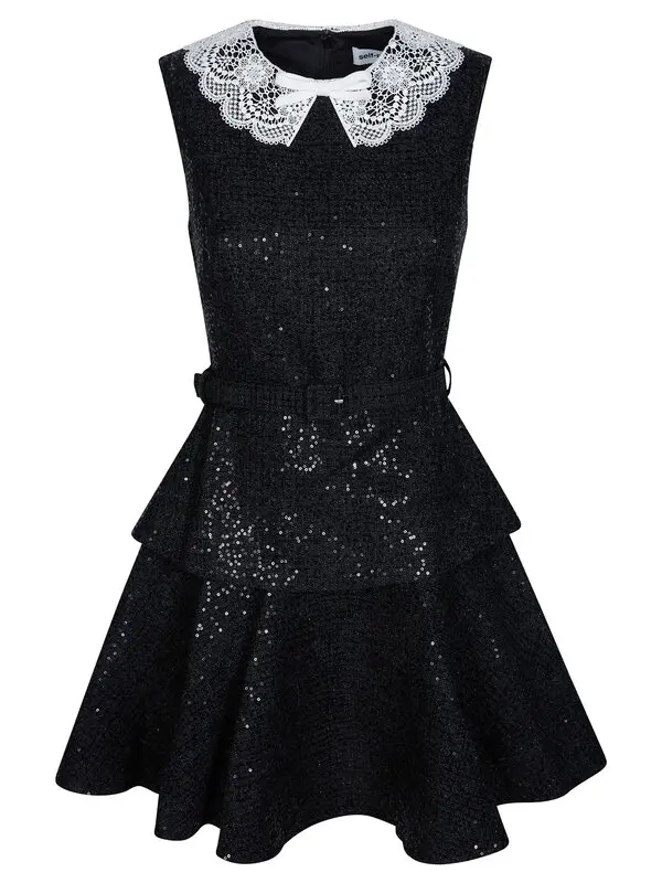 SELF-PORTRAIT Sequin Boucle Mini Dress With Lace Collar - Nero