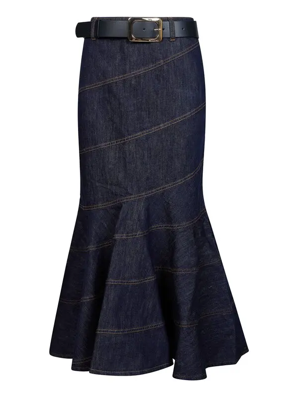 SELF-PORTRAIT Belted Midi Skirt - Blu