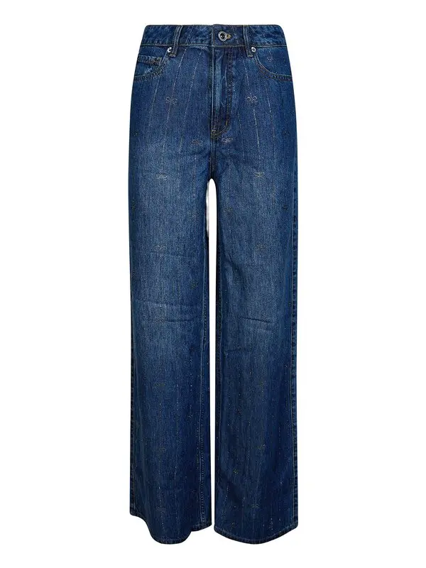 SELF-PORTRAIT Rhinestone Embellished Wide Leg Jeans - Blu