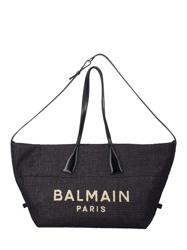 Balmain Structured Raffia Tote Handbag With Leather Trim - Nero