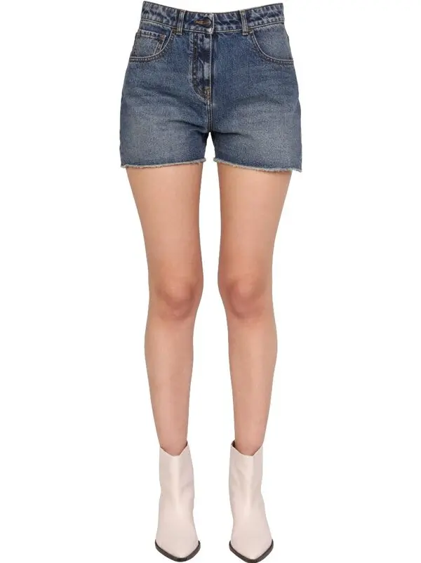 Palm Angels Palm Tree Embroidered Frayed Shorts - Denim