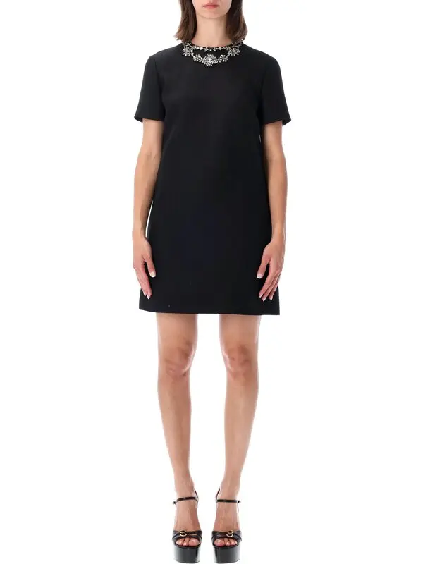 Valentino Garavani Mini Dress With Embellished Round Neck - Nero