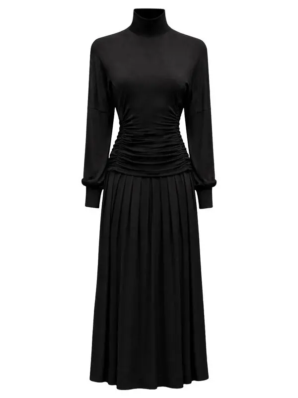 GANNI High Neck Ruched And Pleated Midi Dress - Black