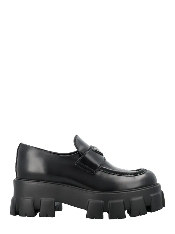 Prada Monolith Mini Brushed Leather Loafers With Triangle Logo & Chunky Rubber Sole - Nero