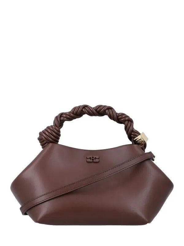GANNI Genuine Leather Twisted Handle Shoulder Bag - Marrone