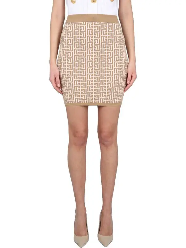 Balmain All-over Monogram Knitted Mini Skirt - Beige
