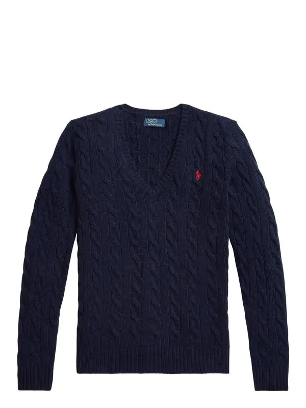 Polo Ralph Lauren Cable Knit V-neck Sweater With Embroidered Logo - Blu