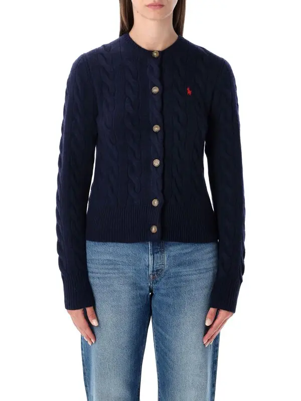 Polo Ralph Lauren Cable-knit Wool-cashmere Cardigan With Grosgrain Trim - Hunter Navy