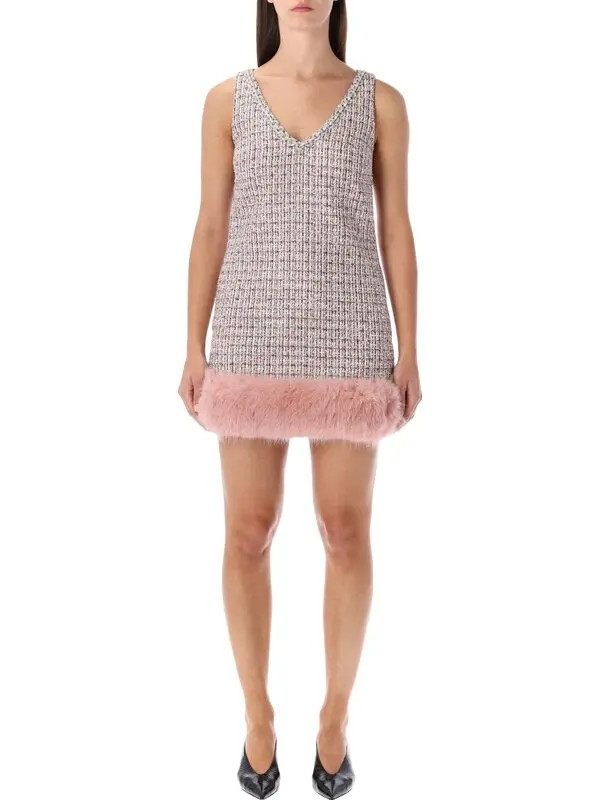 SELF-PORTRAIT Bouclé Mini Dress With Faux Fur Hem And Chain Trim - Rosa
