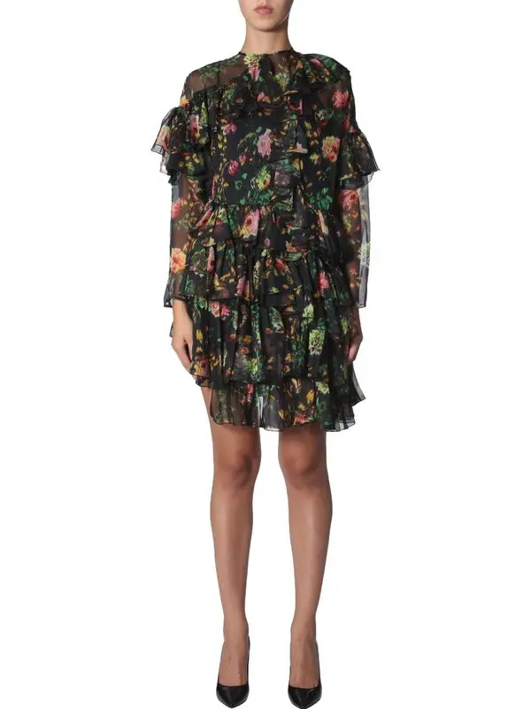 MSGM Asymmetrical Floral Print Ruffled Dress - Black
