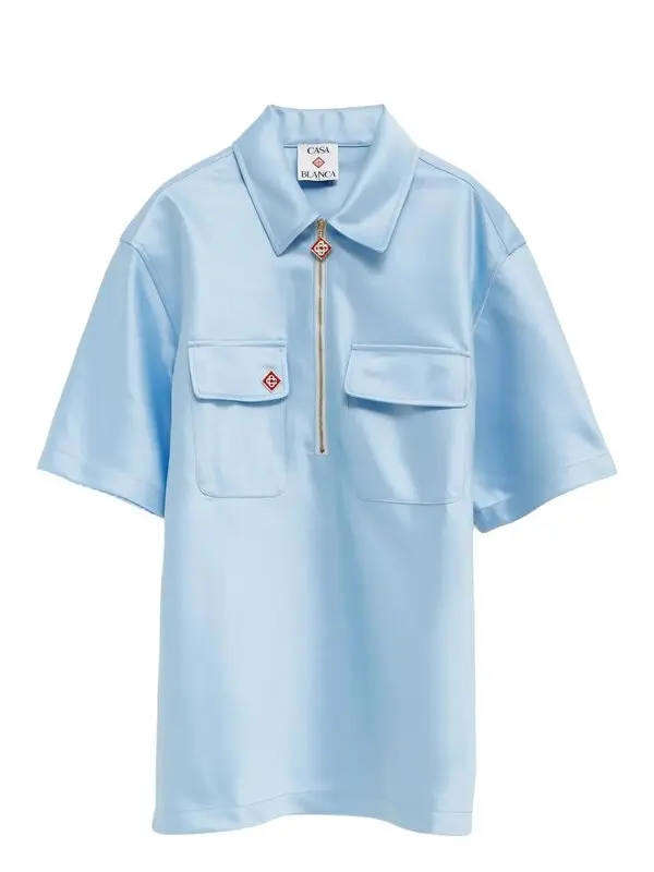 Casablanca Satin Quarter Zip Short Sleeve Shirt - Blue