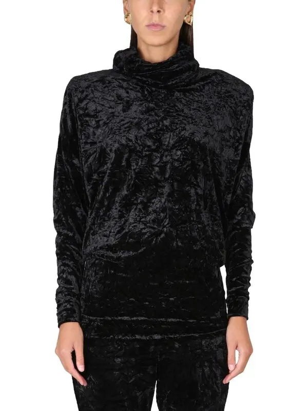 Saint Laurent High Neck Long Sleeve Velvet Top - Black
