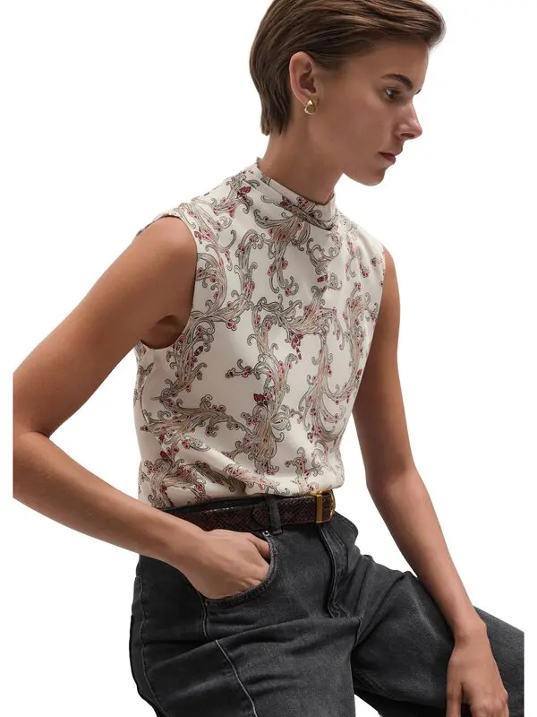 ME+EM Whimsical Bulbs Print Silk Cowl Neck Sleeveless Top - Light Cream/multi