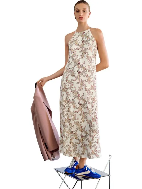 ME+EM Crepe Whimsical Print Slim Maxi Dress - Light Cream/multi