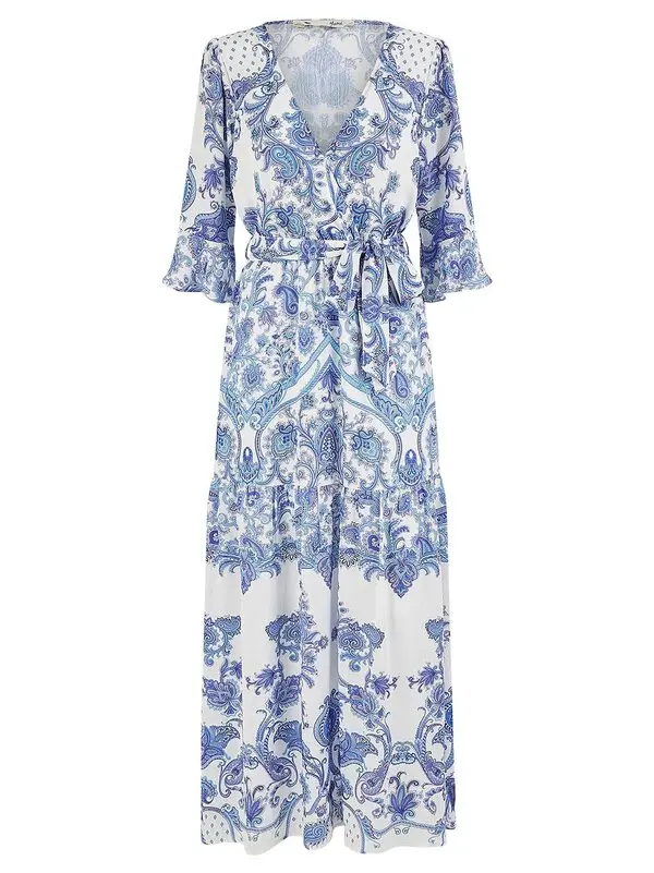 YUMI Paisley Print Wrap Maxi Dress With Frill Sleeves - Blue