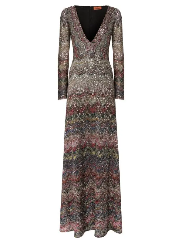 Missoni Long Sleeve V-neck Chevron Sequin Maxi Dress - Multicoloured