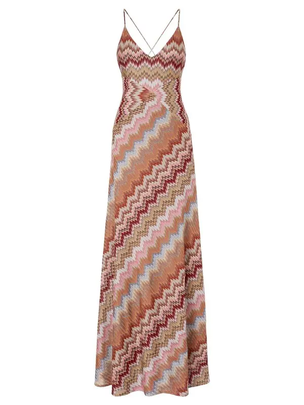 Missoni Long Dress With Crossed Straps In Chevron Viscose - Pink,rust