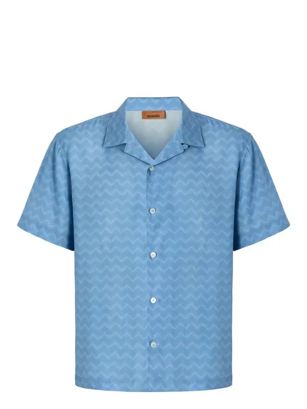 Missoni Bowling Shirt In Viscose With Tone-on-tone Zigzag Print - Light Blue
