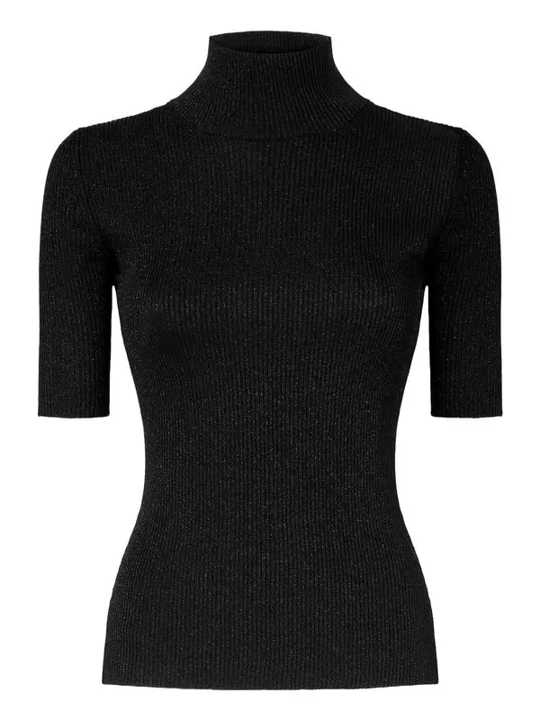 Missoni Ribbed Knit Lamé Top With High Neck And Short Sleeves - Black