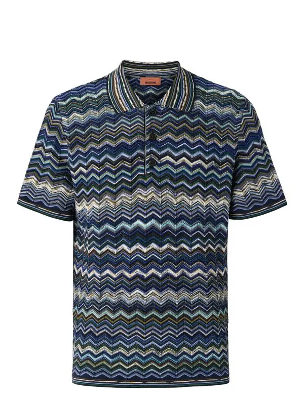 Missoni Cotton Knit Polo Shirt With Chevron Pattern - Blue
