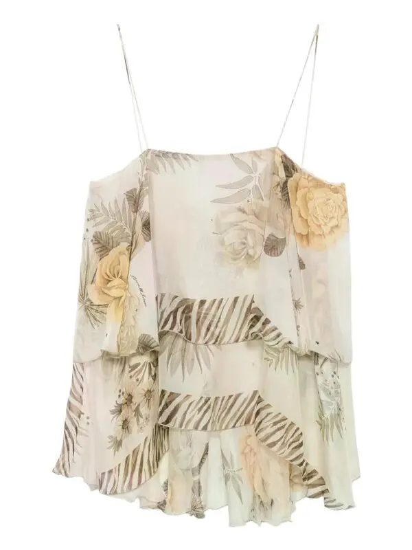 ANNA MOLINARI Floral Print Tiered Silk Blouse - Neutrals