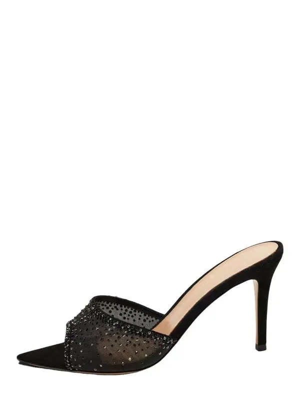 GIANVITO ROSSI Mesh Crystal Embellishment Pointed Toe High Heel Mules - Black