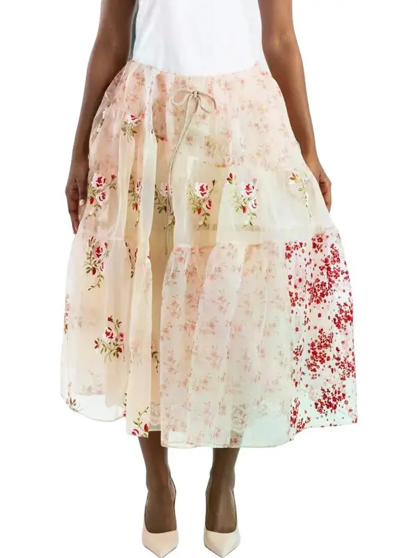 Simone Rocha Patchwork Floral Embroidered Midi Skirt - Neutrals