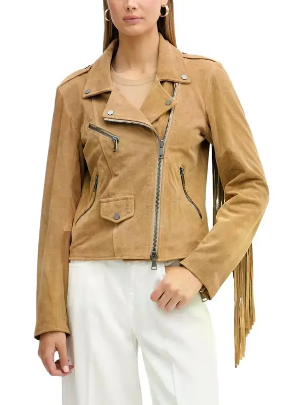 VICOLO Suede Fringe Biker Jacket - Neutrals