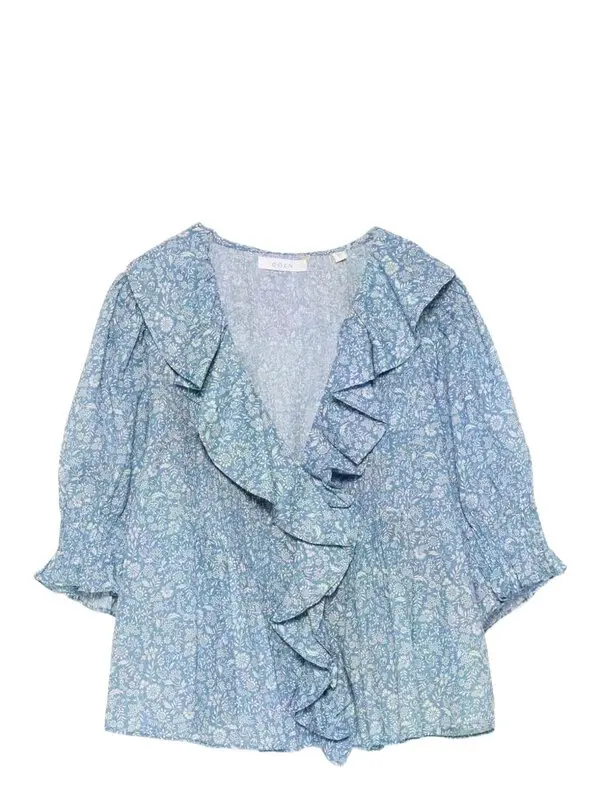 DÔEN Henri Ruffled Floral-print Cotton Blouse - Blue