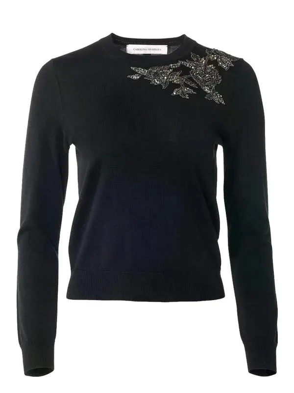 Carolina Herrera Embroidered Crew Neck Sweater - Black