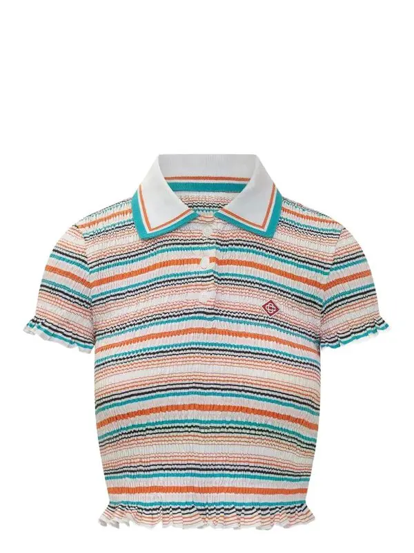 Casablanca Shirred Striped Polo Top - White