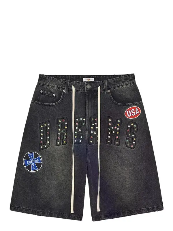 VALE FOREVER Embellished Logo Patch Denim Shorts - Black