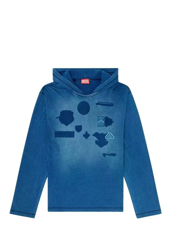 DIESEL® Long Sleeve Hooded T-shirt With Shadow Effect Patches - Blue