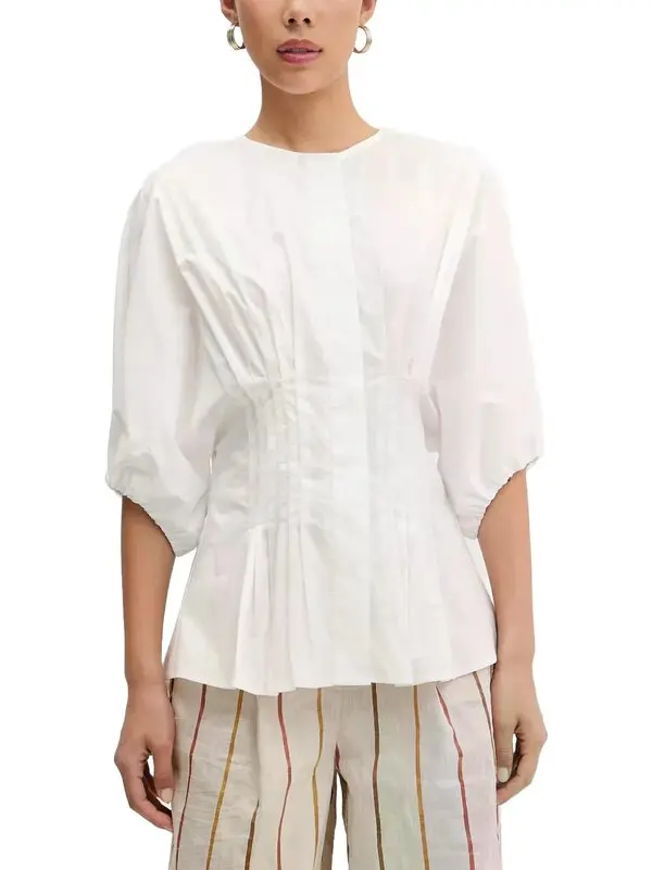 VICOLO Pleated Waist Puff-sleeve Blouse - White