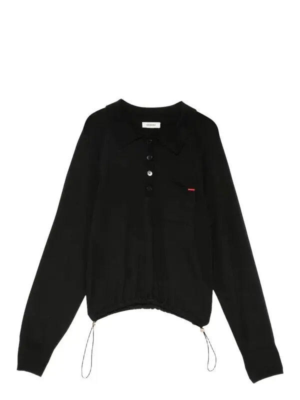 Sandro Fine Knit Polo Top With Logo Patch And Drawstring Hem - Black