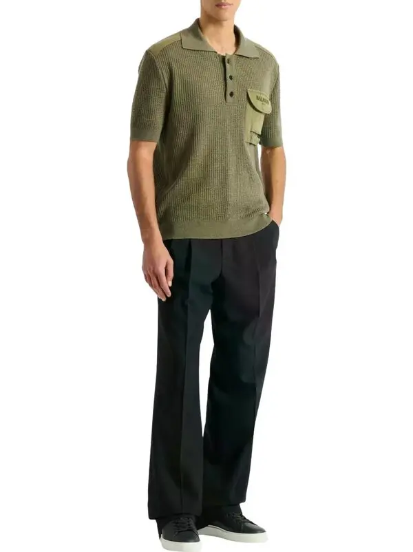 Balmain Vintage Utility Ribbed Knit Polo - Green