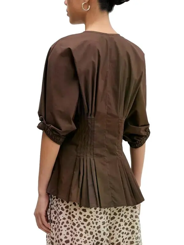 VICOLO Pleated-waist Puff-sleeve Blouse - Brown