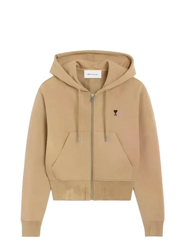 AMI Paris Zipped Cotton Hoodie With De Coeur Embroidery - Neutrals