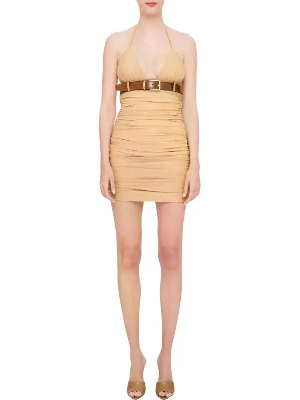 MEDEEA Ruched Halterneck Mini Dress - Neutrals
