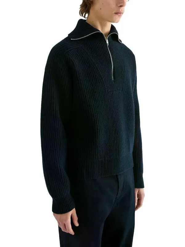 JIL SANDER Ribbed Quarter-zip Wool Sweater - Blue