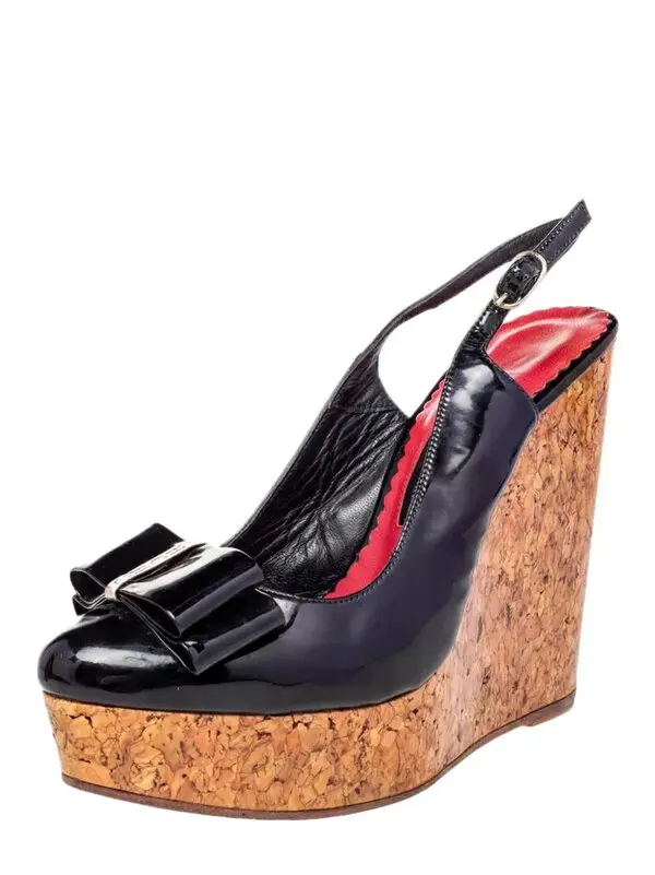 Carolina Herrera Patent Leather Bow Wedge Slingbacks - Black