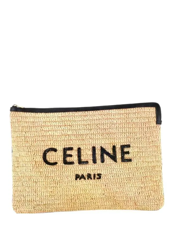 Celine Raffia Sequined Logo Pouch - Neutrals