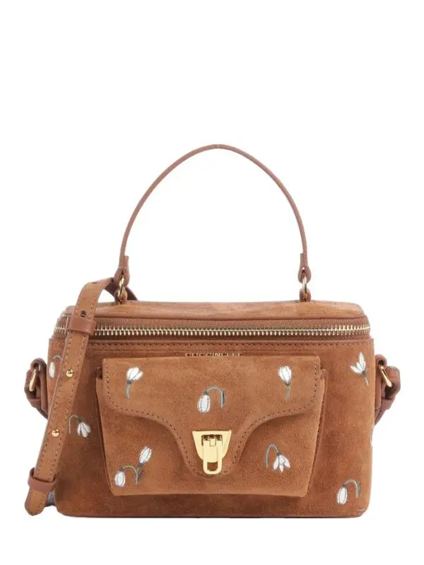 COCCINELLE Suede Embroidered Shoulder Bag With Gold Tone Hardware - Brown