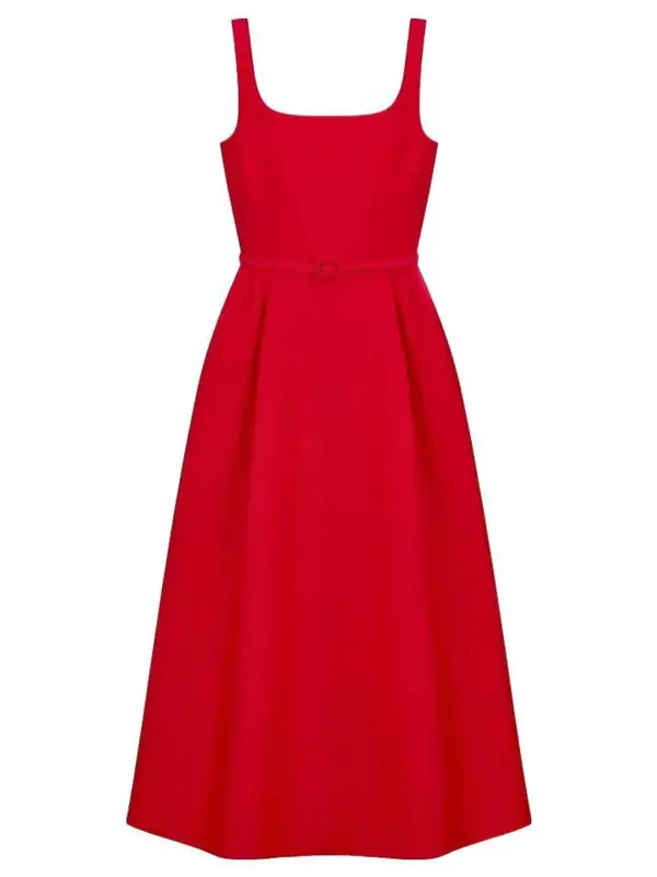 Dior Sleeveless Belted Midi Dress With Pleated Details - Red