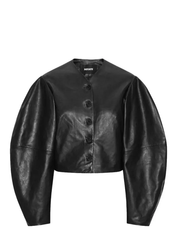 ROTATE BY BIRGER CHRISTENSEN Button Leather Jacket With Puff Sleeves - Black
