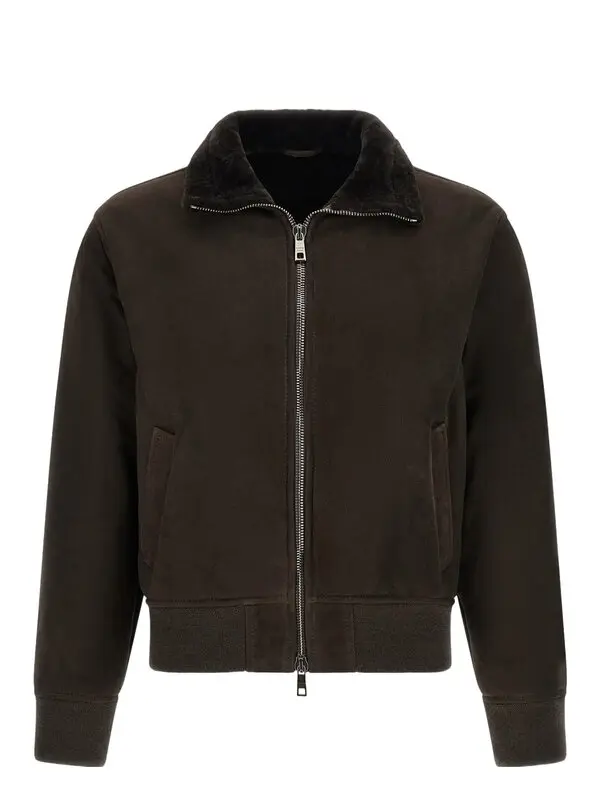 GIORGIO BRATO Shearling Collar Suede Bomber Jacket - Brown